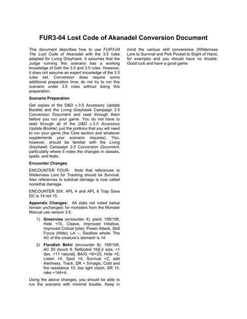 FUR3 04c The Lost Code Of Akanadel Conversion Document RPG Item