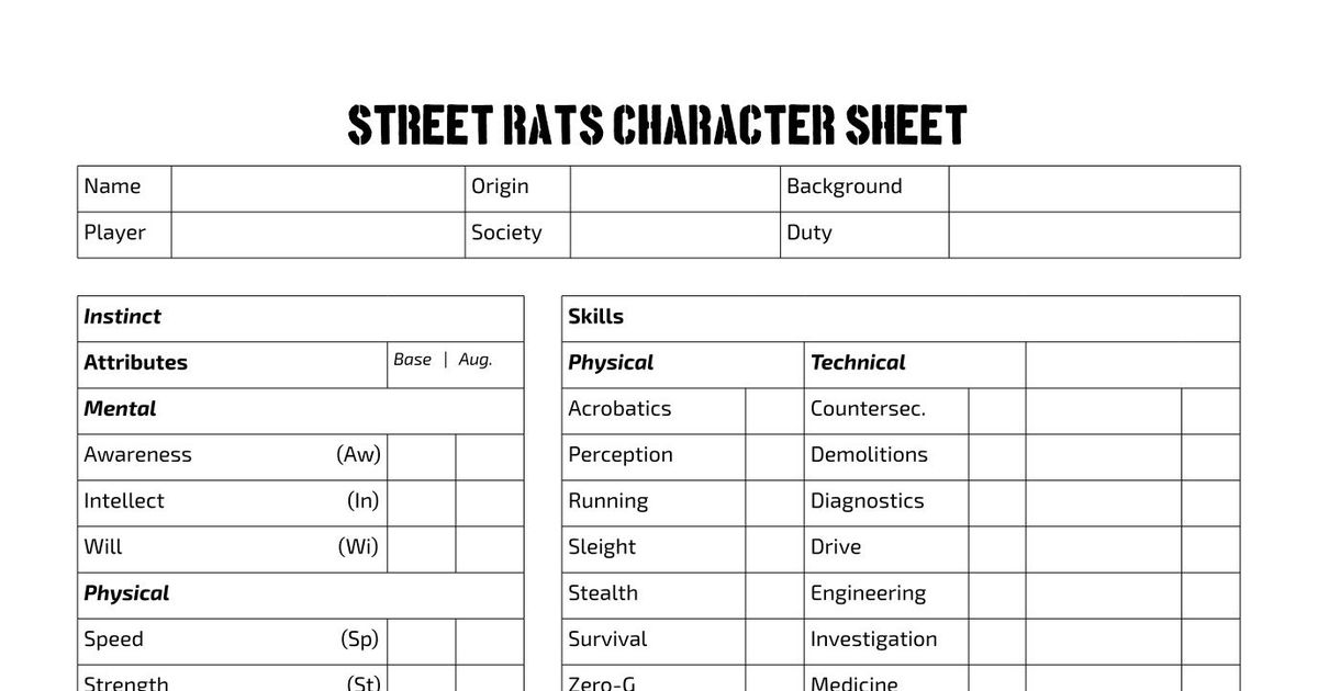 Street Rats Character Sheet | RPG Item | RPGGeek