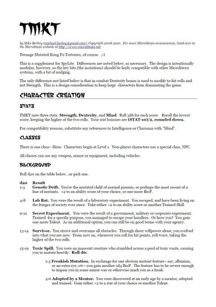 Teenage Mutated Kung Fu Tortoises (Microlite 20) | RPG Item | RPGGeek