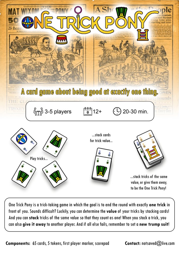 [WIP] One Trick Pony - 3-5 player trick-taking game, components ready