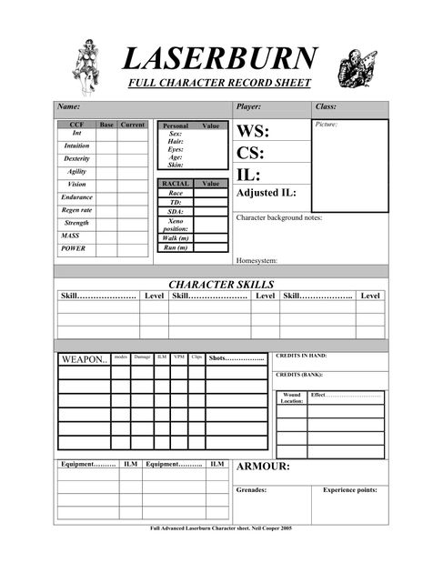 Laserburn Full Character Record Sheet | RPG Item | RPGGeek