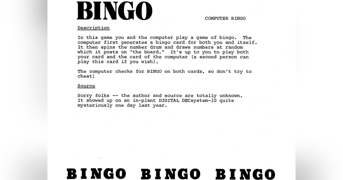 Bingo (1975) | Video Game | VideoGameGeek