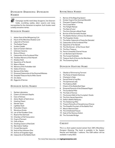 Dungeon Dressing: Dungeon Names | RPG Item | RPGGeek