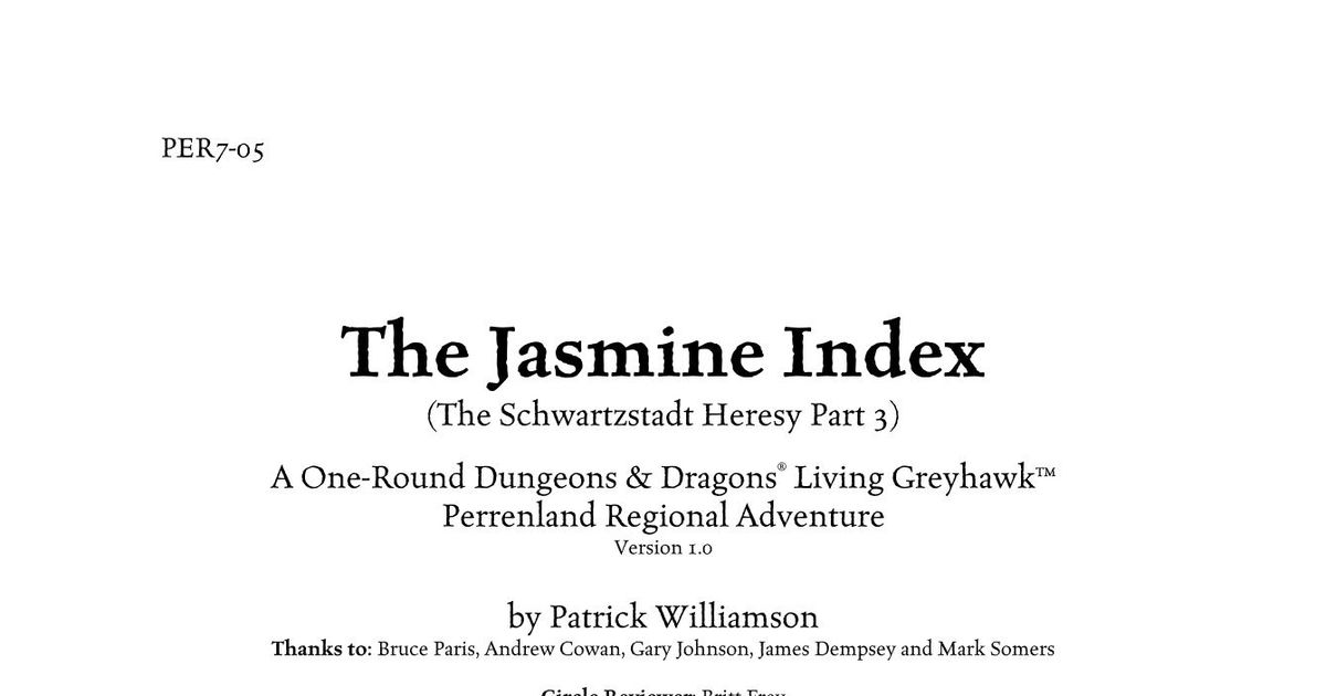 PER7-05: The Jasmine Index | RPG Item | RPGGeek