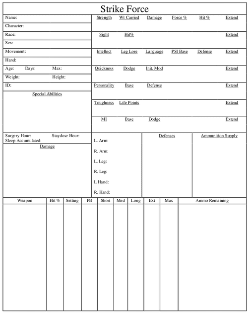 Strike Force - Character Sheet | Strike Force Character Sheet