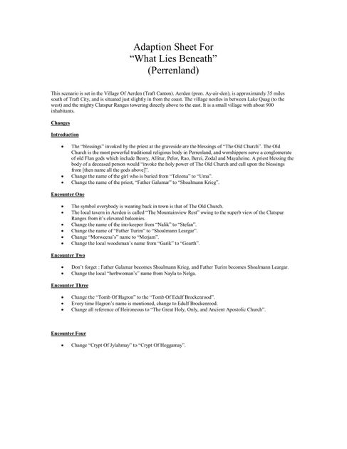 Adaption Sheet for What Lies Beneath (Perrenland) | RPG Item | RPGGeek