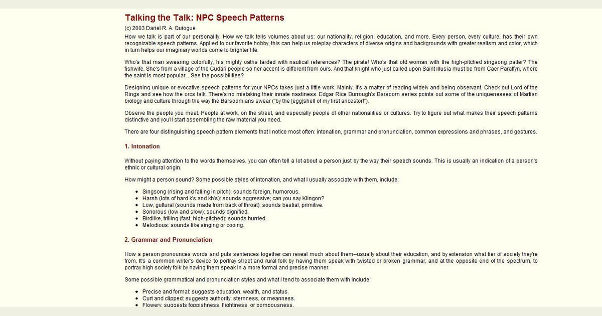 Talking the Talk: NPC Speech Patterns | RPG Item | BoardGameGeek