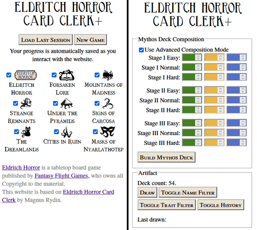 EH Card Clerk Plus Website | Eldritch Horror