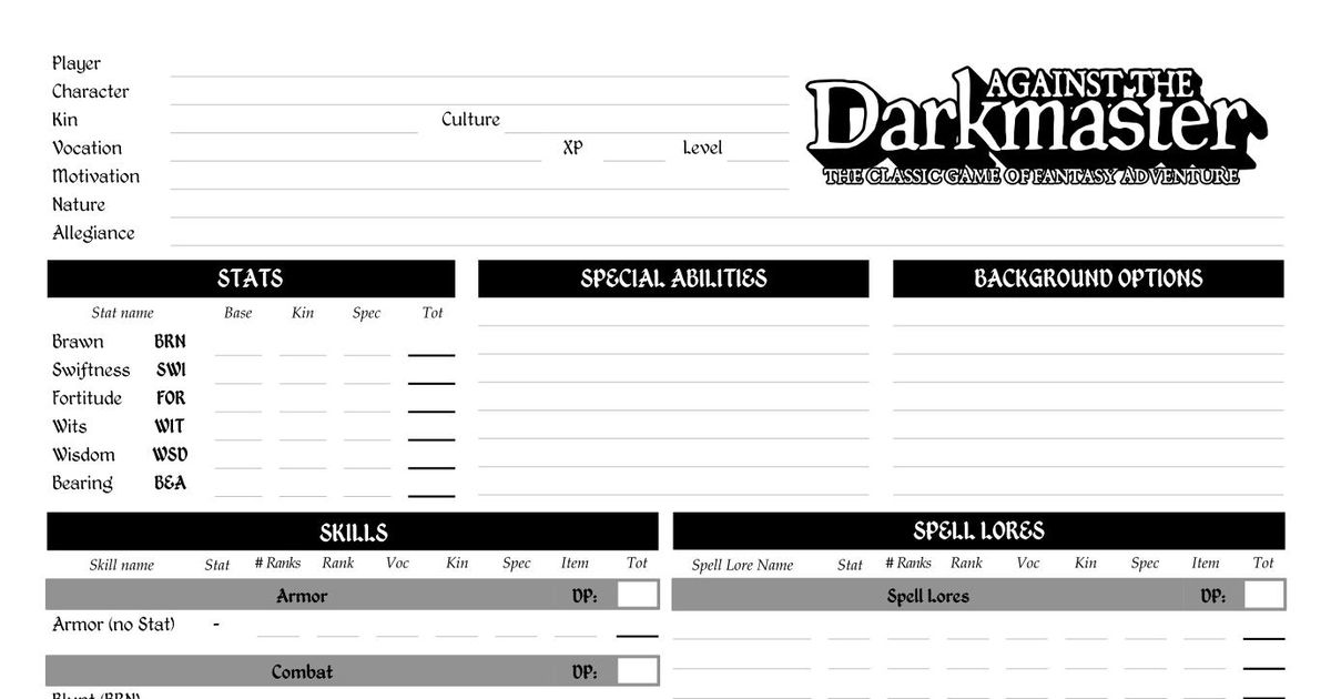 Against the Darkmaster Character Sheet | RPG Item | RPGGeek