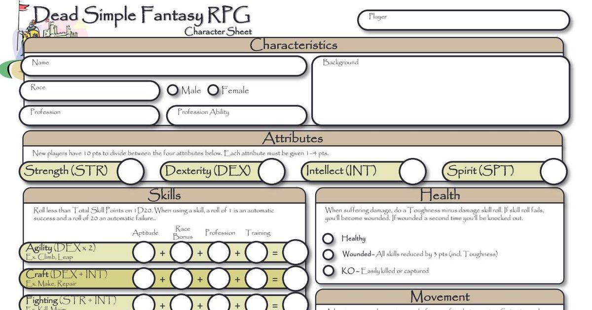 Dead Simple Fantasy RPG Character Sheet | RPG Item | RPGGeek
