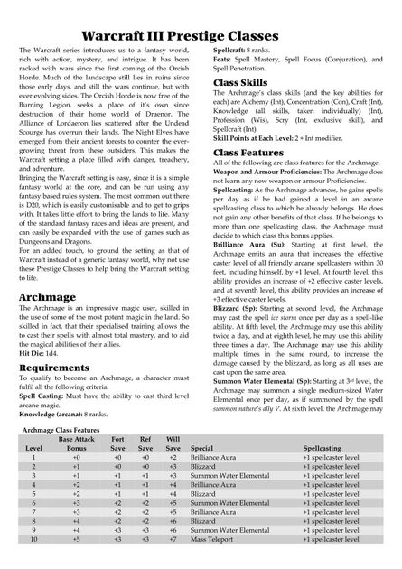 Warcraft III Prestige Classes | RPG Item | BoardGameGeek