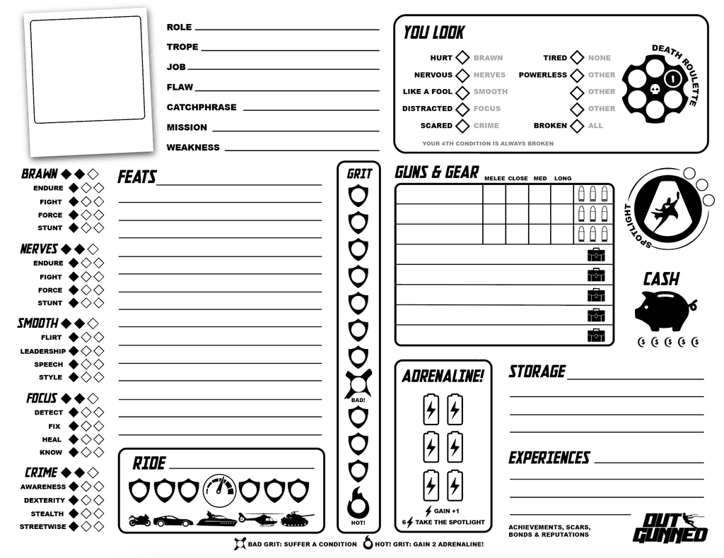 Outgunned Printer Friendly Revised Character Sheet | Outgunned: Cinematic Action Role Playing Game