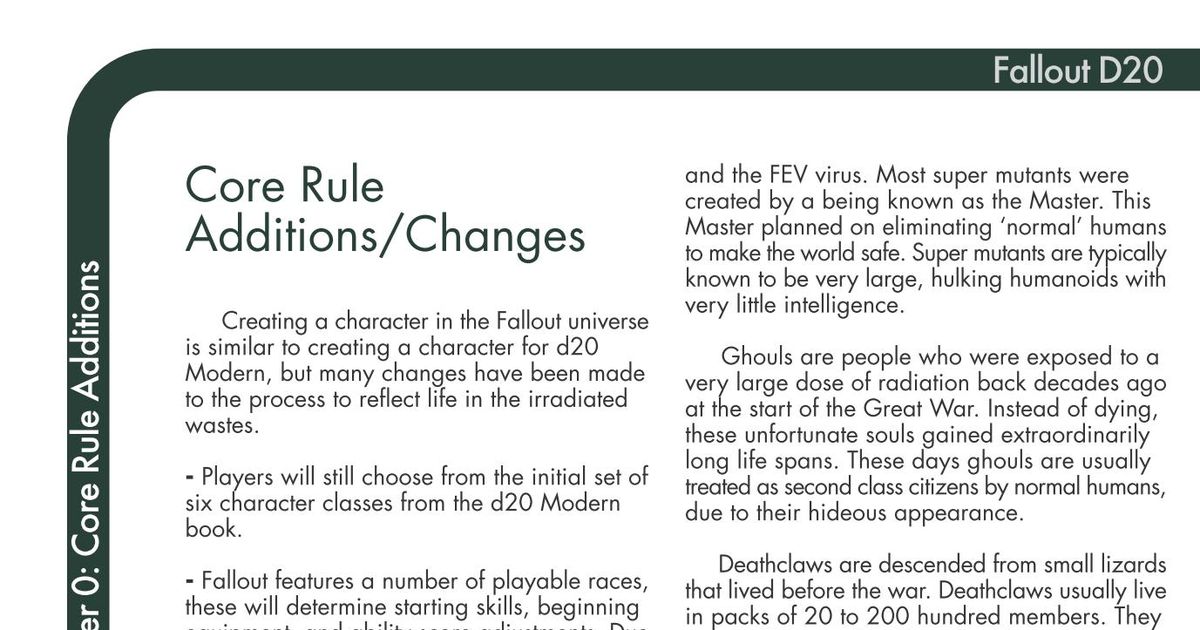 Fallout D20 Core Rule Additions/Changes | RPG Item | RPGGeek