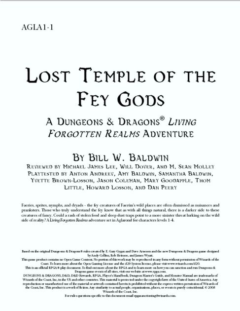 AGLA1-1: Lost Temple of the Fey Gods | RPG Item | RPGGeek