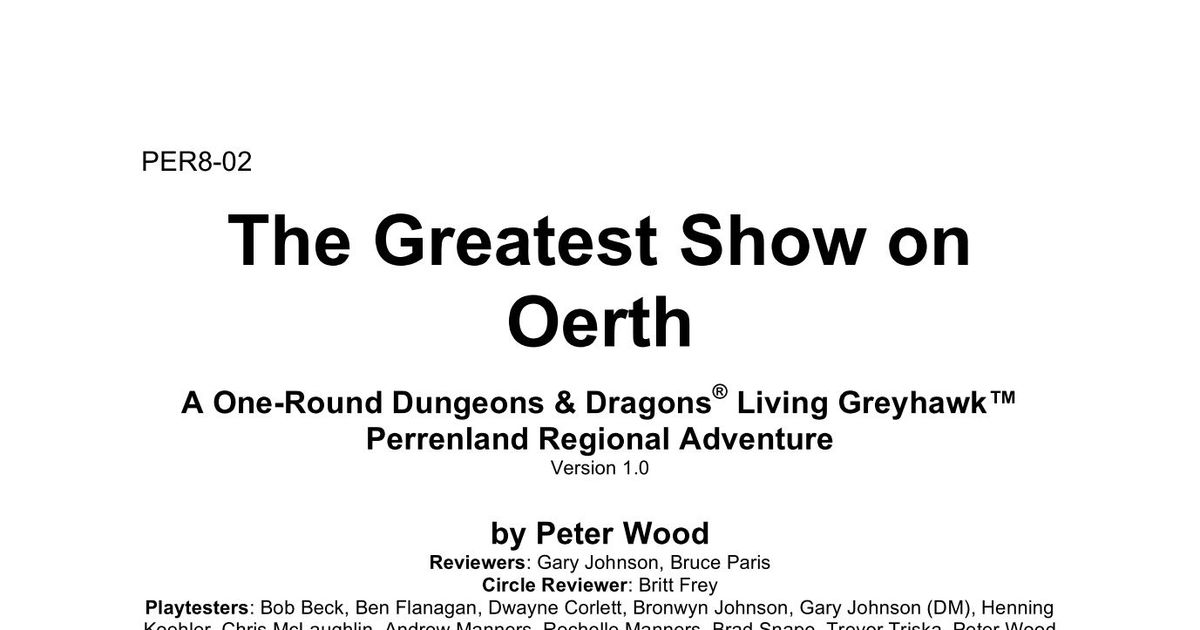 PER8-02: The Greatest Show on Oerth | RPG Item | RPGGeek