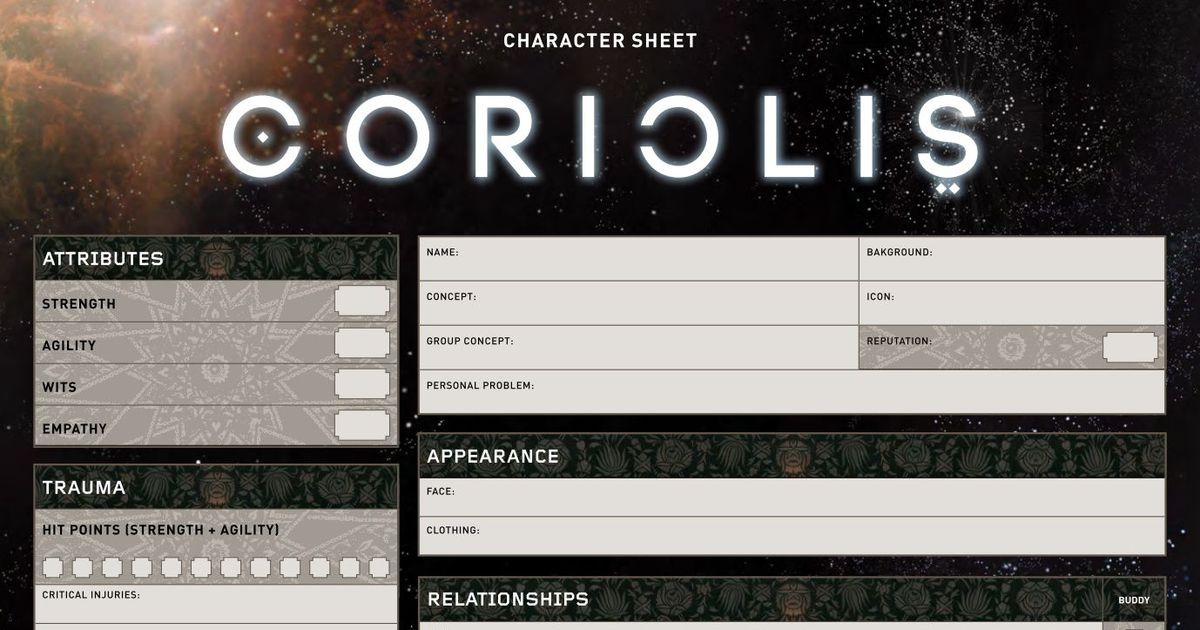 Coriolis Character Sheet | RPG Item | RPGGeek