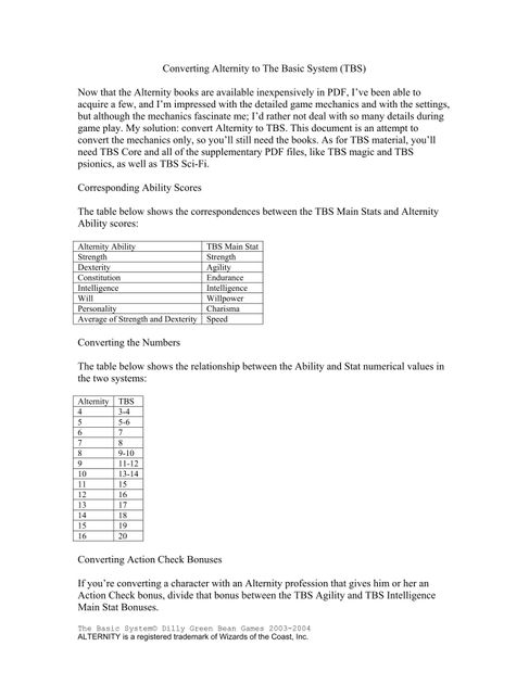 TBS Conversion: Converting Alternity to The Basic System | RPG Item | RPGGeek