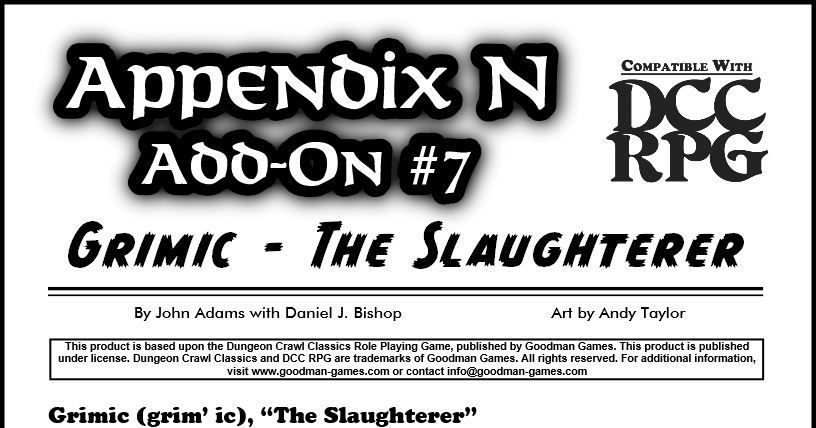 Appendix N Add-On #7: Grimic The Slaughterer | RPG Item | BoardGameGeek