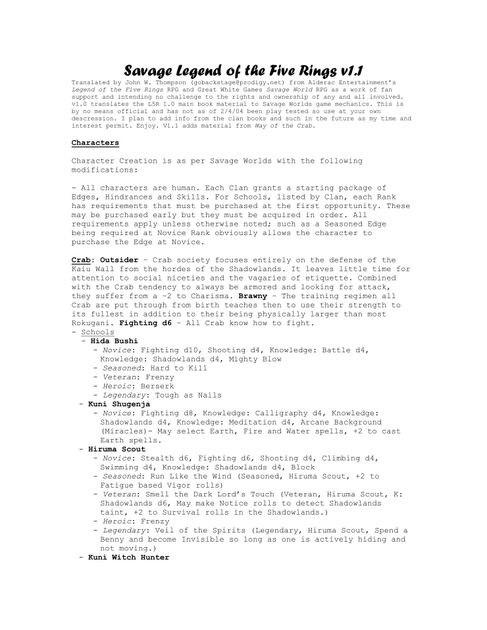 Savage Legend of the Five Rings | RPG Item | RPGGeek