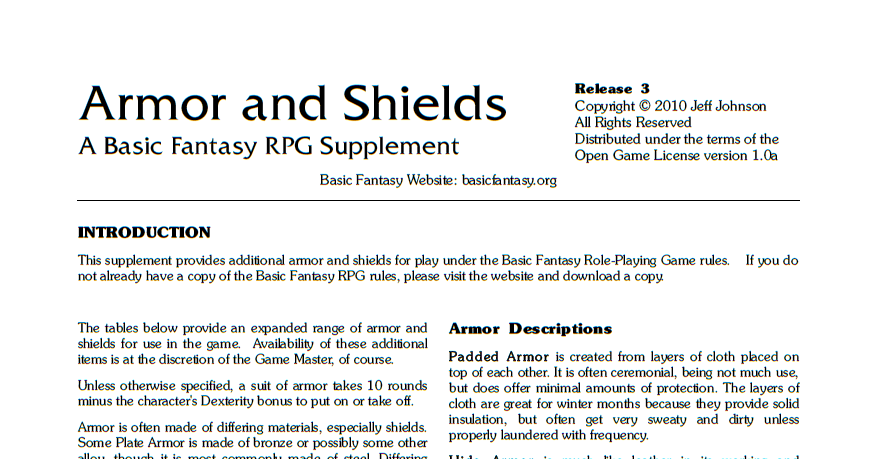 Armor and Shields: A Basic Fantasy RPG Supplement | RPG Item | RPGGeek