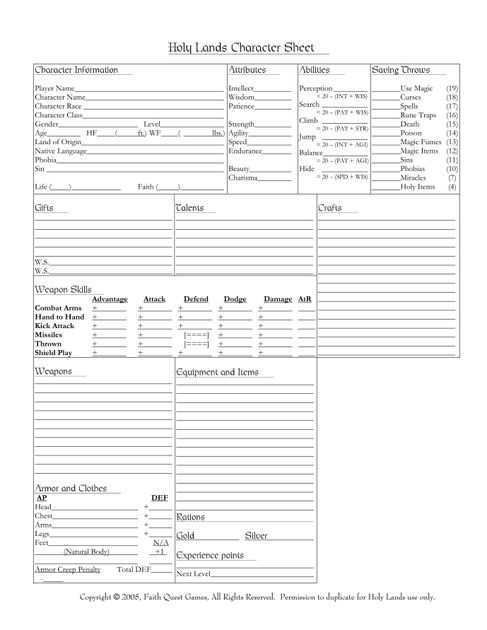 Holy Lands Character Sheet | RPG Item | RPGGeek