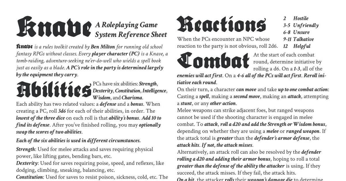 Knave - A Roleplaying Game System Reference Sheet | RPG Item | RPGGeek