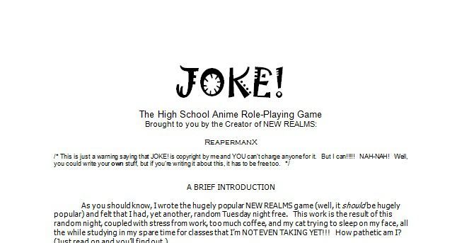 Joke! The High School Anime Role-Playing System | RPG Item | RPGGeek