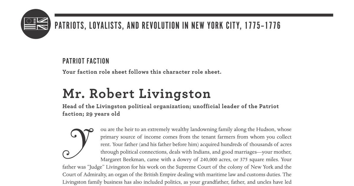 Role Sheets: Patriots, Loyalists, and Revolution in New York City, 1775 ...