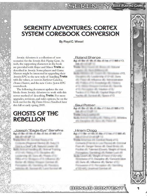 Serenity Adventures: Cortex System Corebook Conversion | RPG Item | RPGGeek
