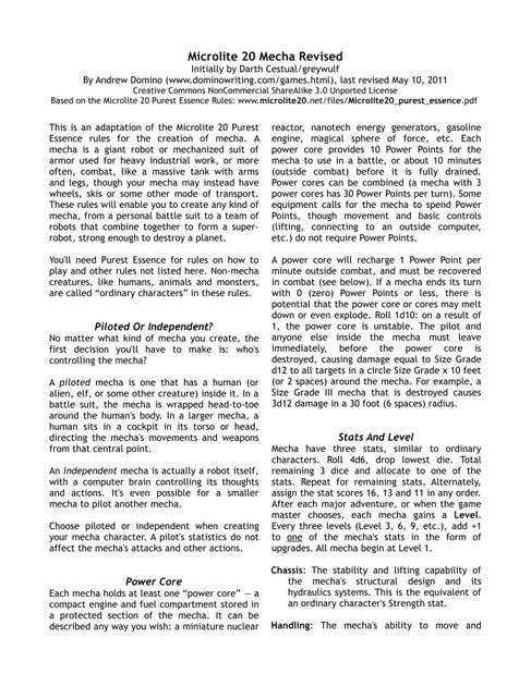 Microlite 20 Mecha Revised | RPG Item | RPGGeek