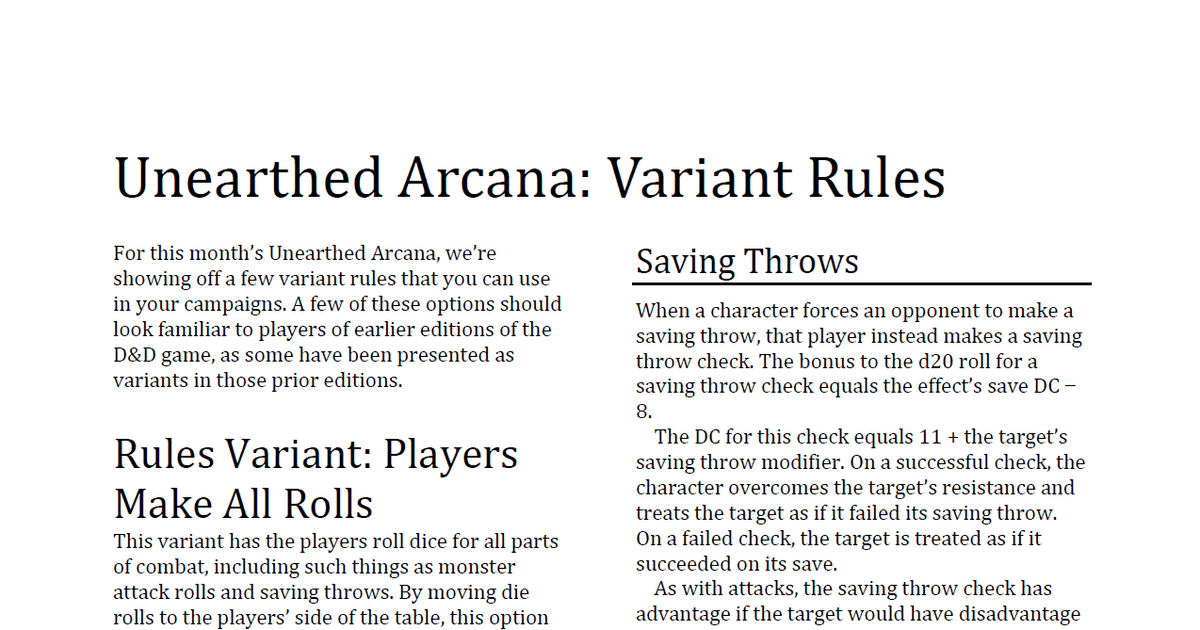 Unearthed Arcana 2015-06-08: Variant Rules | RPG Item | BoardGameGeek