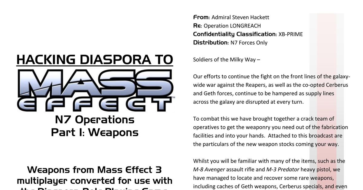 Hacking Diaspora to Mass Effect - N7 Operations Part I: Weapons | RPG ...