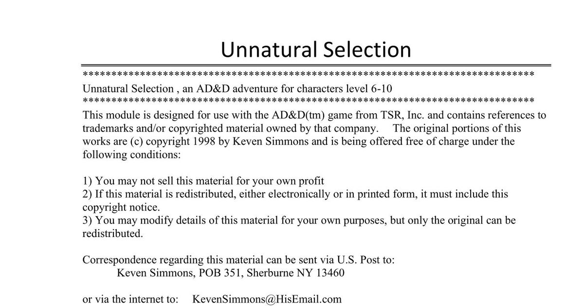 Unnatural Selection | RPG Item | RPGGeek