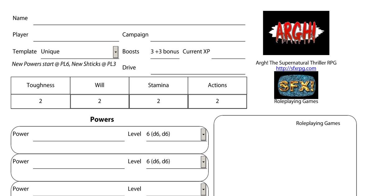 Argh The Supernatural Rpg Character Sheets Rpg Item Rpggeek 