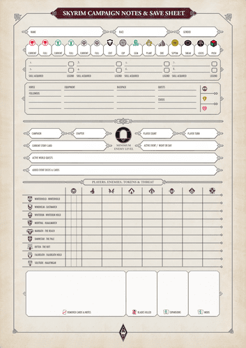RPG Style - Skyrim Campaign Notes & Save Sheet PDF - Print friendly ...