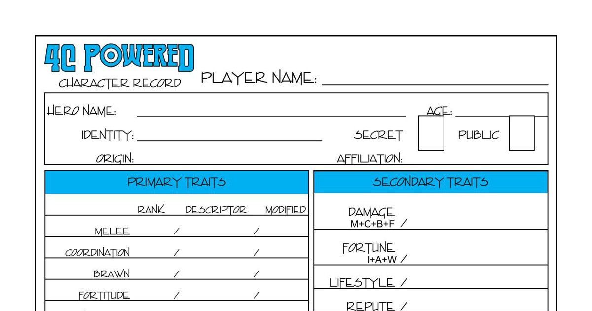 4C System Character Record Sheet Form Fillable | RPG Item | RPGGeek