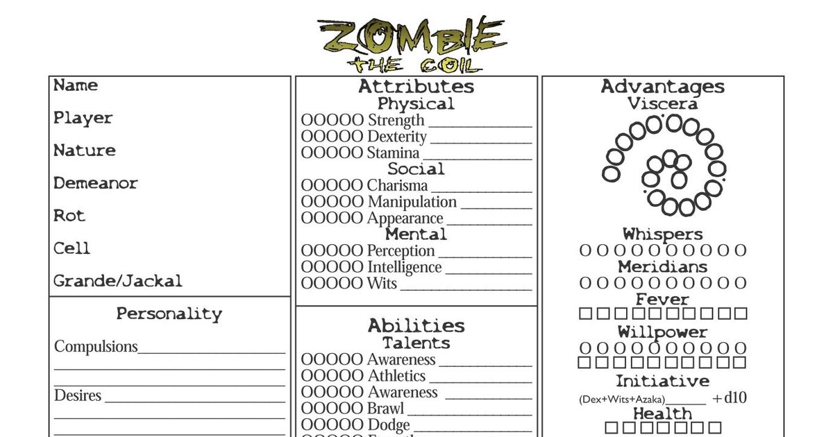 Zombie: the Coil Character Sheet | RPG Item | RPGGeek