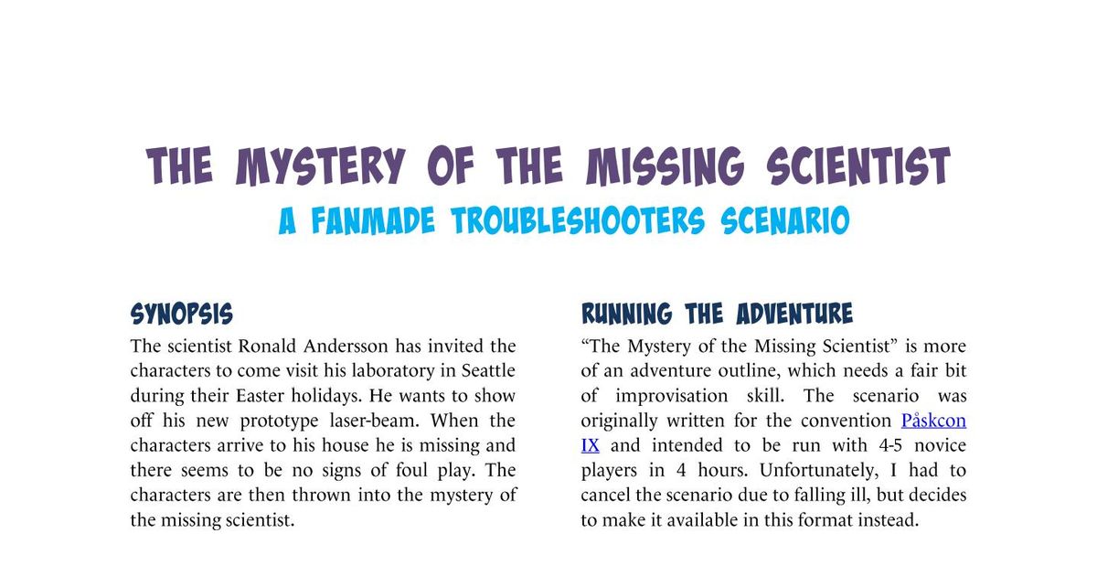 The Mystery of the Missing Scientist | RPG Item | RPGGeek