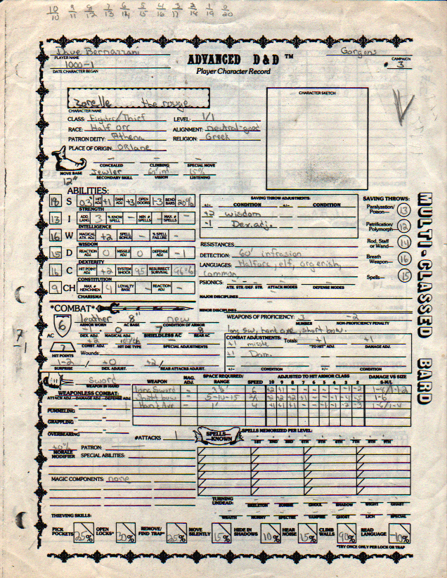 My oldest character sheet! | Advanced Dungeons & Dragons (1st Edition)