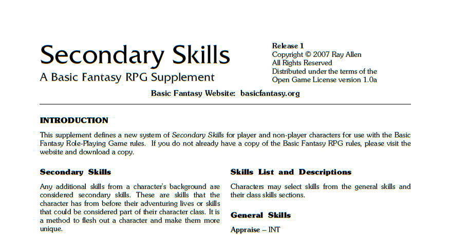Secondary Skills: A Basic Fantasy RPG Supplement | RPG Item | RPGGeek