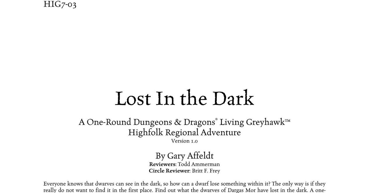 HIG7-03: Lost In the Dark | RPG Item | RPGGeek