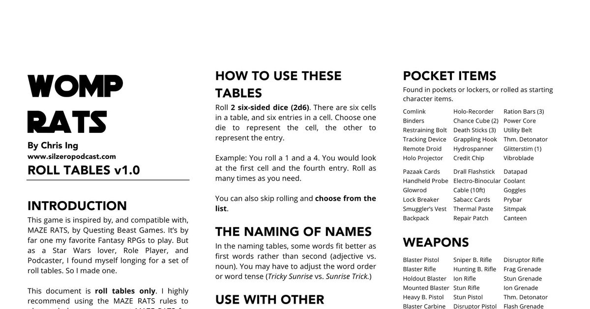 Womp Rats | RPG Item | RPGGeek