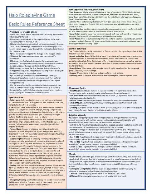 Halo Roleplaying Game Basic Rules Reference Sheet | RPG Item | RPGGeek