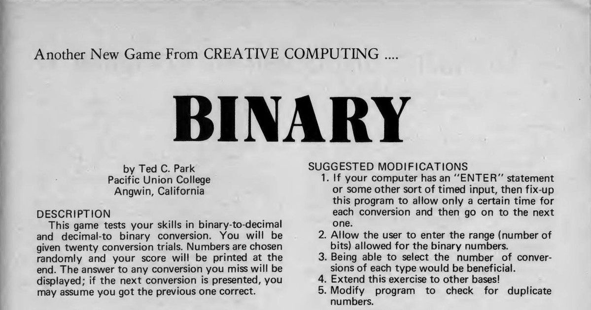 Binary (1975) | Video Game | BoardGameGeek