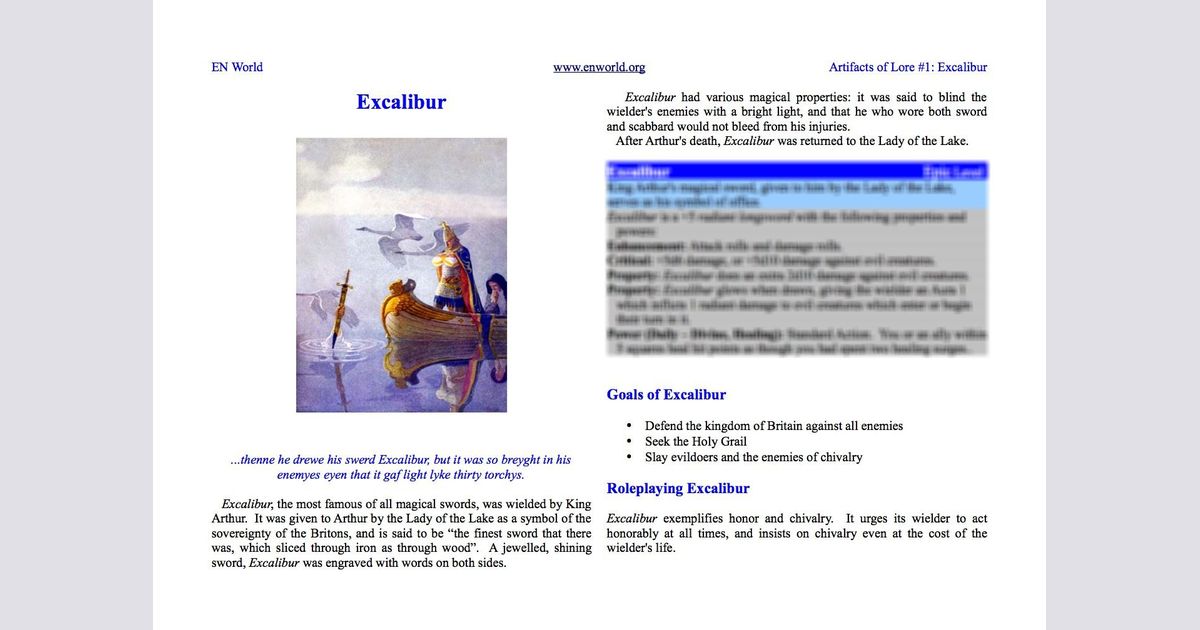 Artifacts of Lore #1: Excalibur | RPG Item | RPGGeek