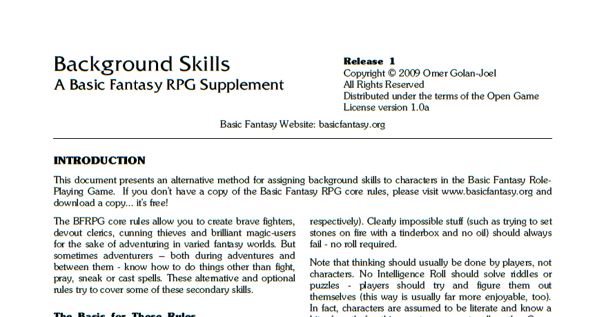 Background Skills: A Basic Fantasy RPG Supplement | RPG Item | RPGGeek