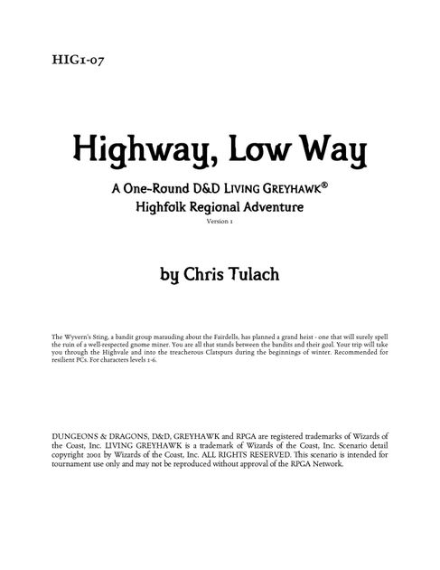 HIG1-07: Highway, Low Way | RPG Item | RPGGeek