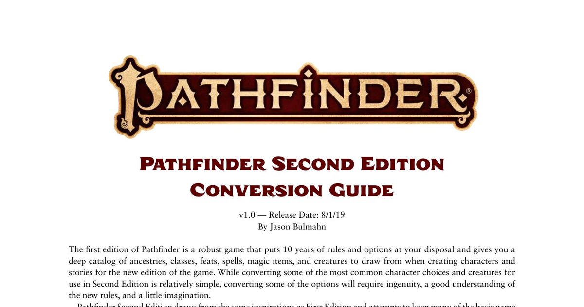 Pathfinder Second Edition Conversion Guide | RPG Item | RPGGeek