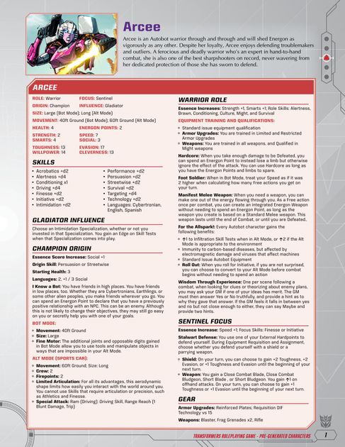 Transformers Pre-generated Characters | RPG Item | RPGGeek