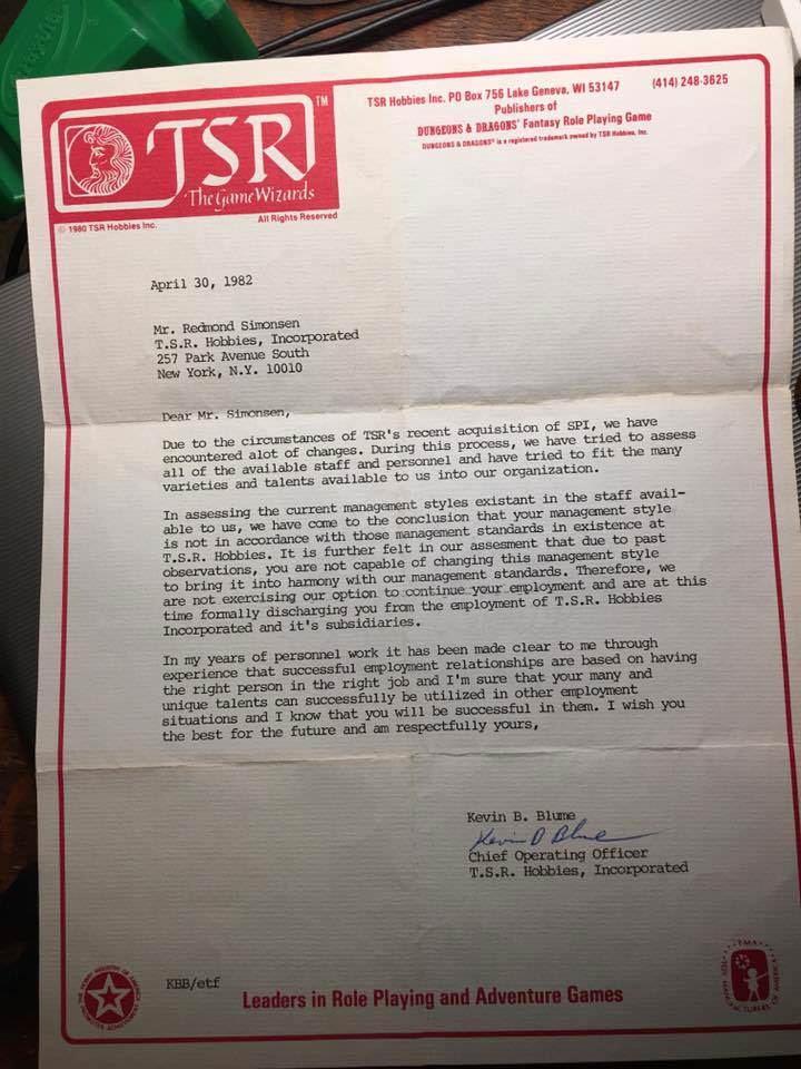 TSR's termination letter to Redmond Simonsen! | Wargames